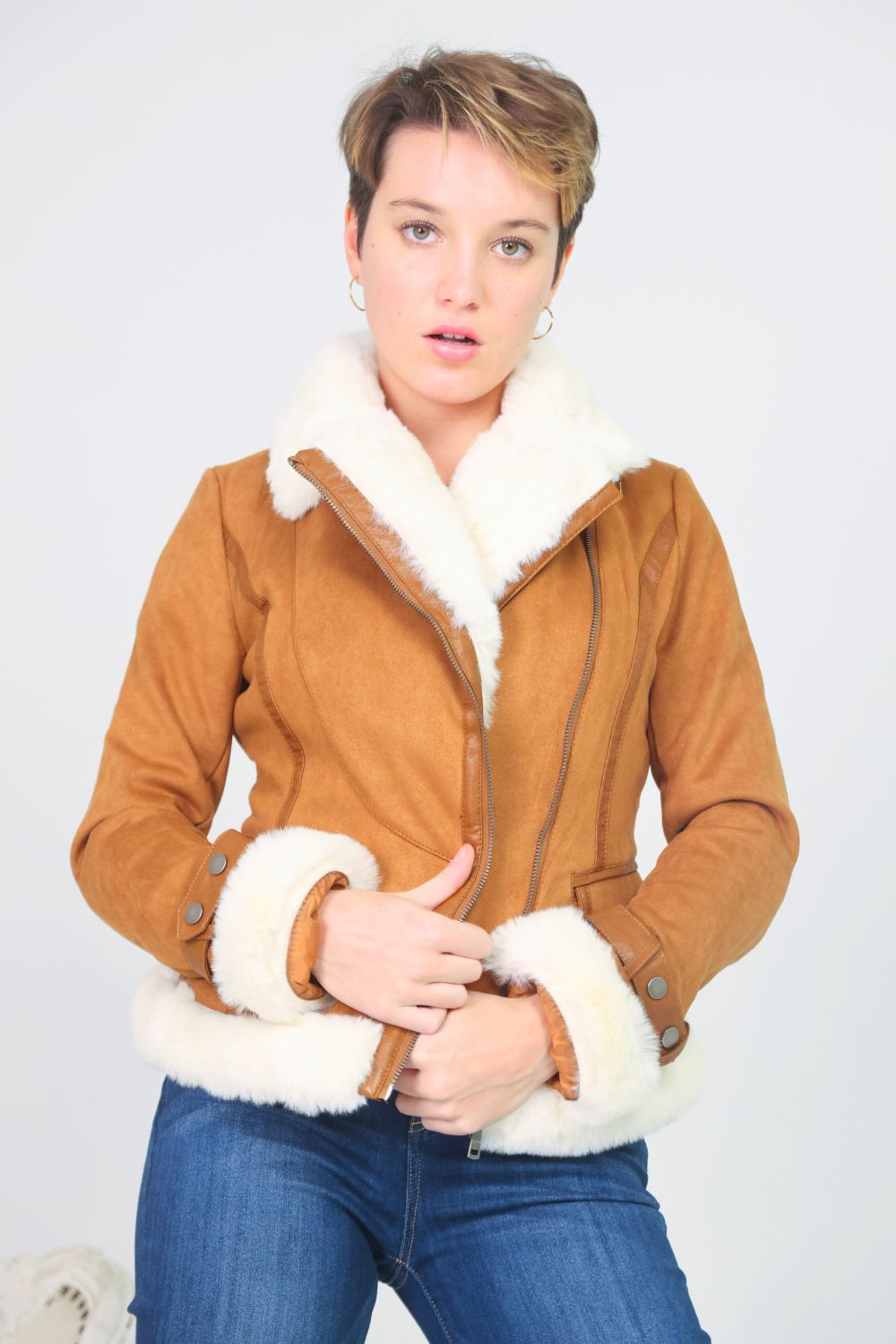 Petite Vegan Suede Faux Fur Moto Jacket (Camel) – Petite Dressing